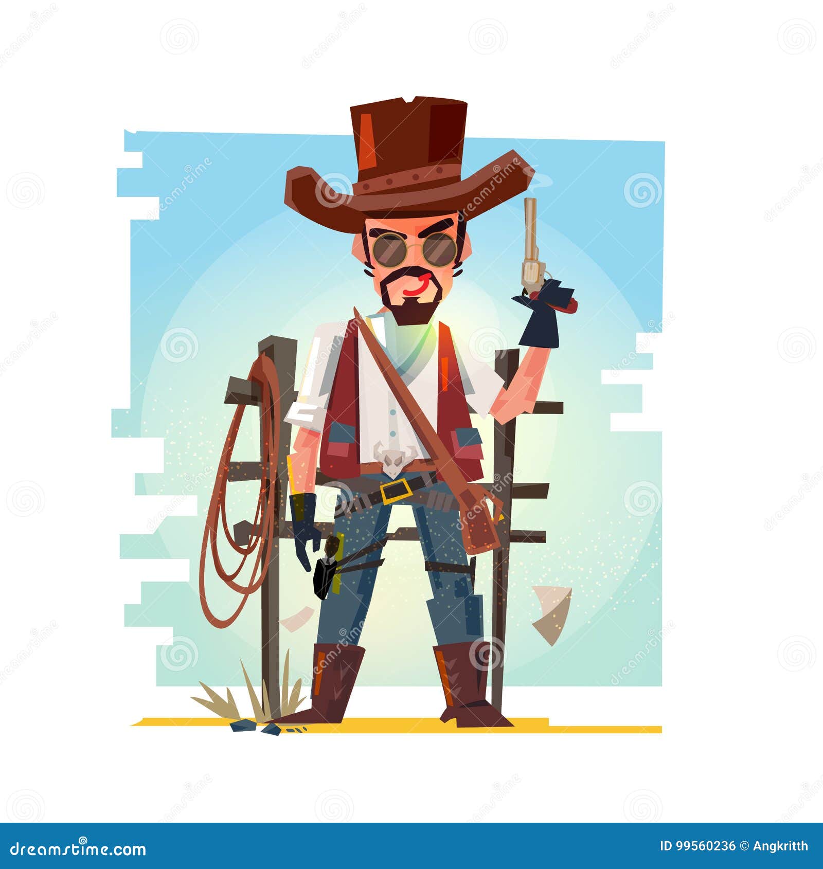 Smart Cowboy Som Rymmer Hans Vapen Teckendesign Vektor Illustrationer ...