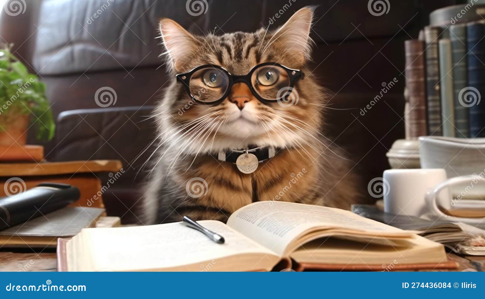 Smart Cute Fluffy Cat In Glasses Is Reading A Book Book Lover Day Stock Illustration