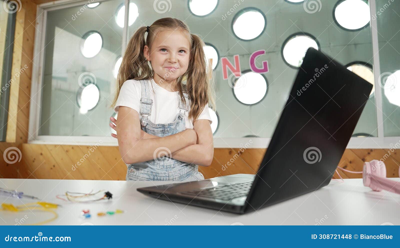 Smart Cute Girl Using Laptop Programing Software while Crossing Arms ...