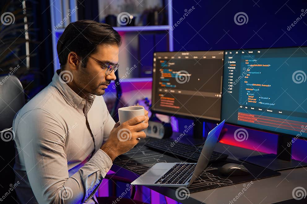 Smart it Developer Drinking Coffee Cup while Working Code on Pc Screen. Surmise. Stock Photo ...