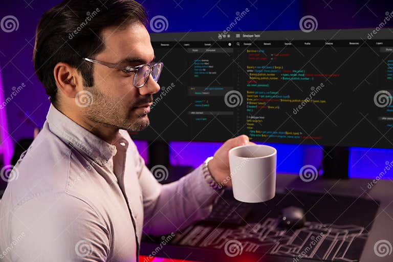 Smart it Developer Drinking Coffee Cup while Working Code on Pc Screen. Surmise. Stock Photo ...