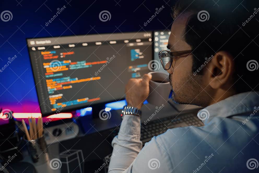 Smart it Developer Drinking Coffee Cup while Working Code on Pc Screen. Surmise. Stock Image ...