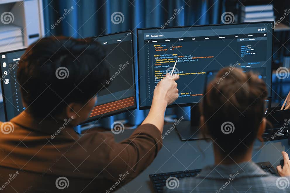 Smart it Developer Looking at Coding Program Application at Back Side. Infobahn. Stock Image ...