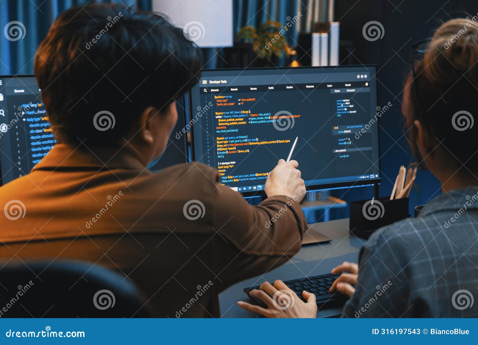 Smart it Developer Looking at Coding Program Application at Back Side. Infobahn. Stock Image ...