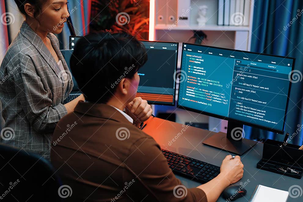 Smart it Developer Looking at Coding Program Application at Back Side. Infobahn. Stock Image ...