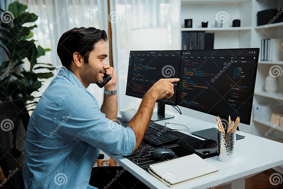 It Developer Calling To Coworker Solving Problem Coding System on Pc ...