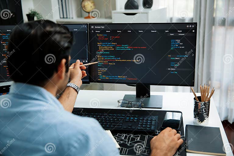 Smart it Developer Pointing Data Software Development Lines on Pc. Surmise. Stock Image - Image ...