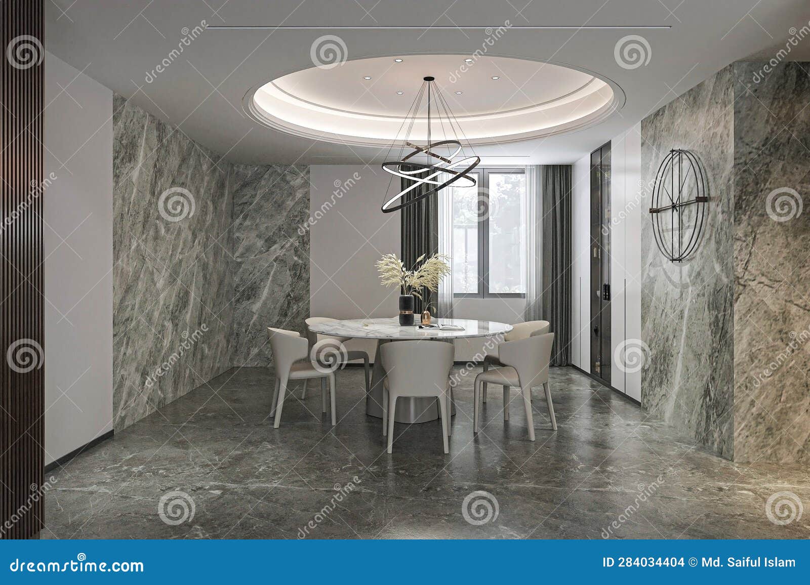 Smart Dining Room Interior Design with Marble Statement Wall Decor and ...