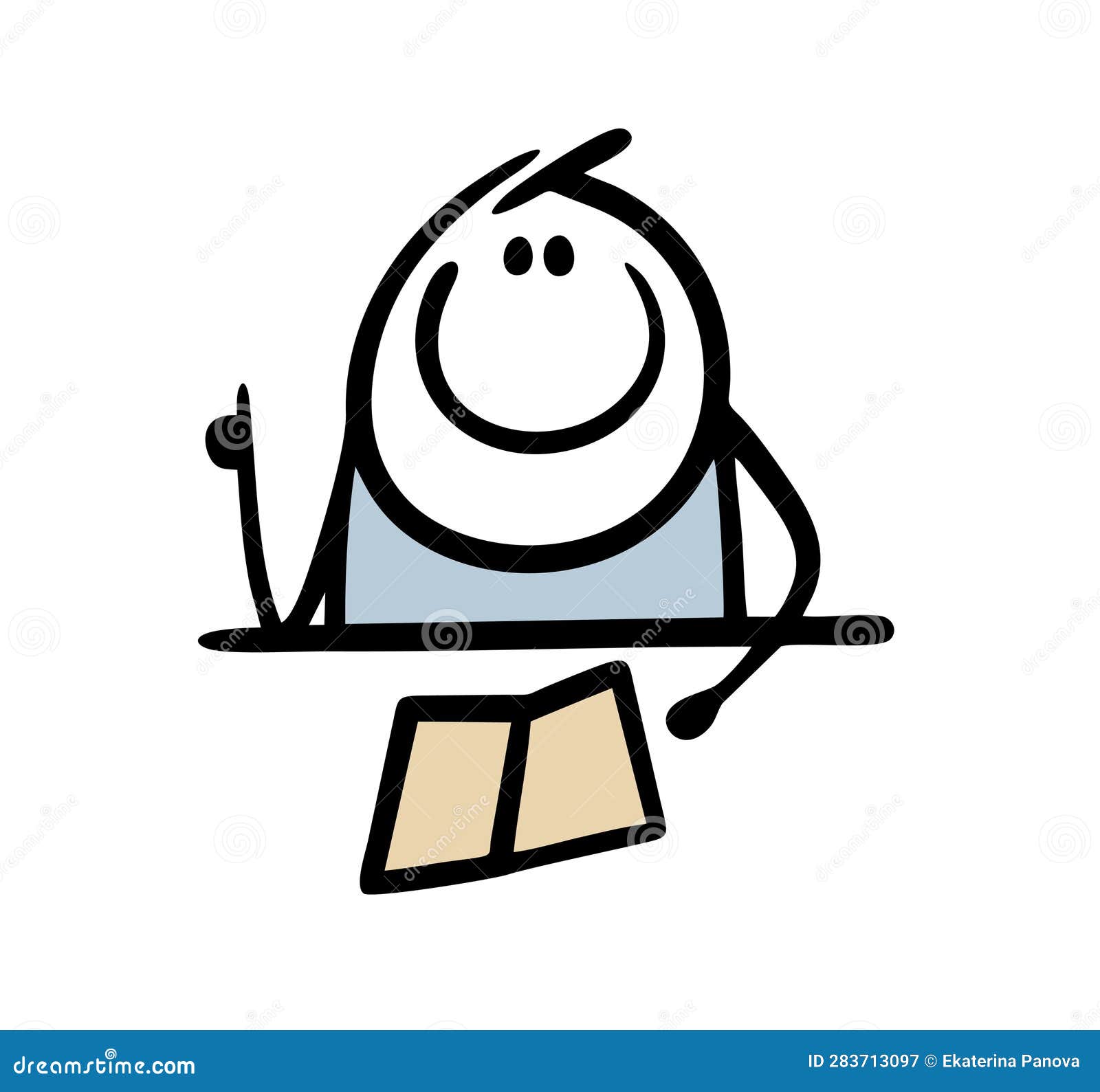 Smart Doodle Stickman Sitting at the Table and Reeding Book. Vector ...