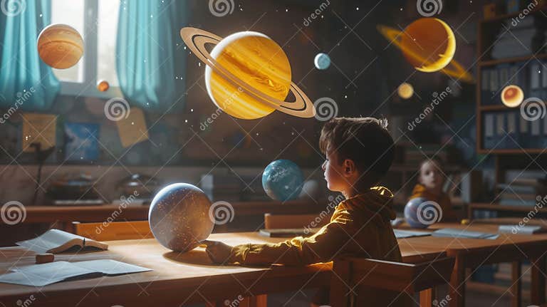 Smart Elementary Student Studying about Astronomy and Space at ...