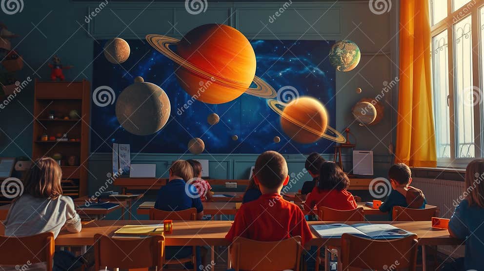 Smart Elementary Student Studying about Astronomy and Space at Classroom. AIG42. Stock ...