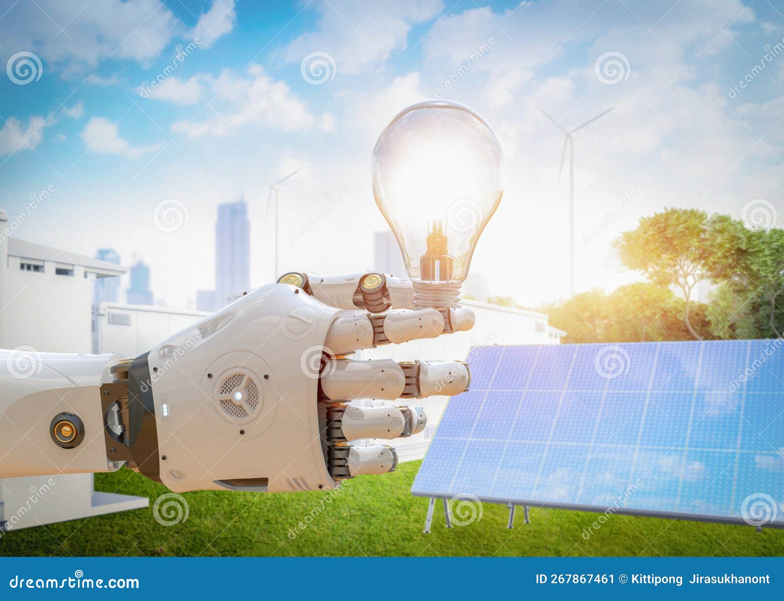 Smart Energy with Robot Hold Light Bulb and Work with Solar Panel Stock ...