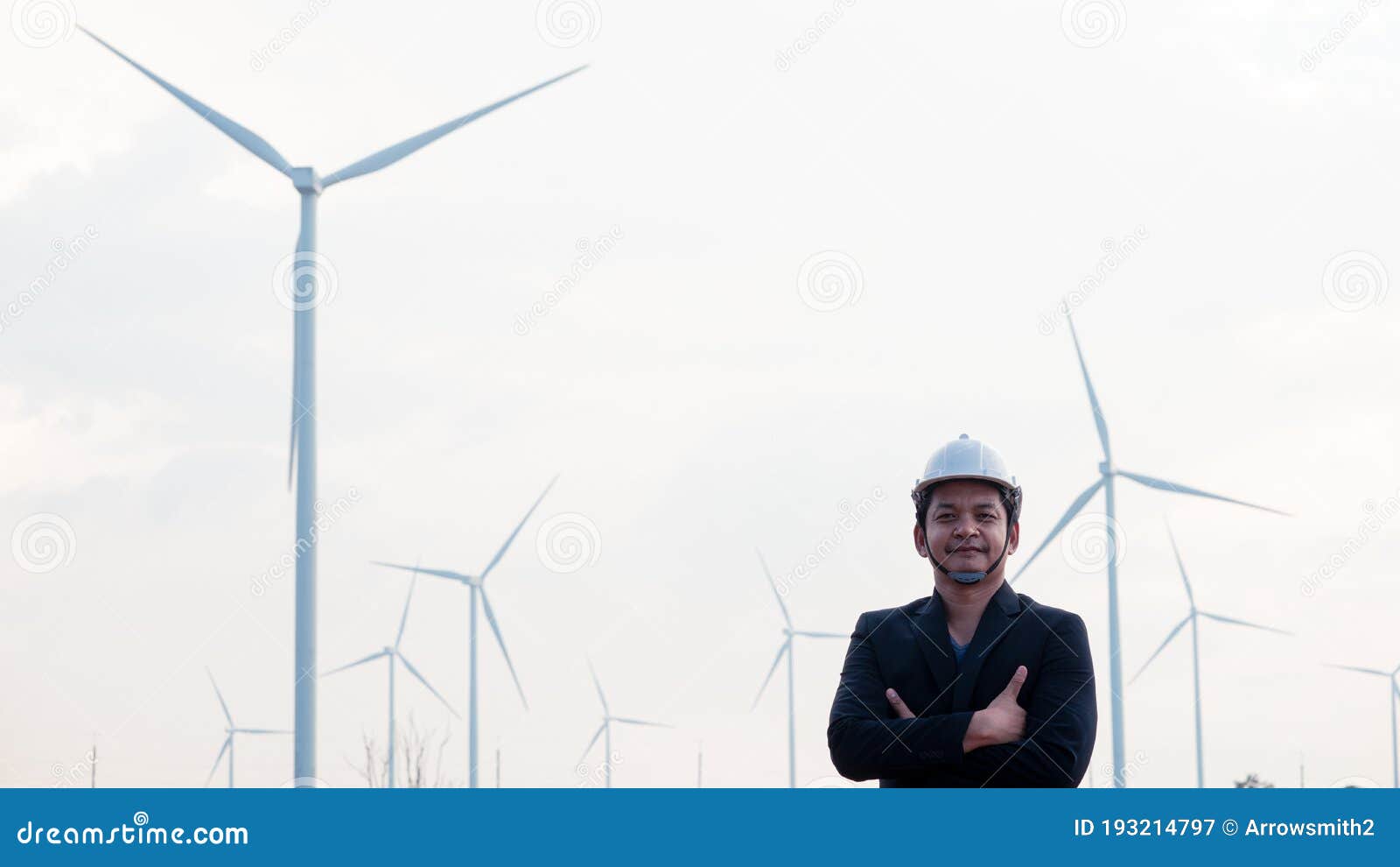 Smart Engineer Man Standing with Wind Turbine.16:9 Style Stock Image ...