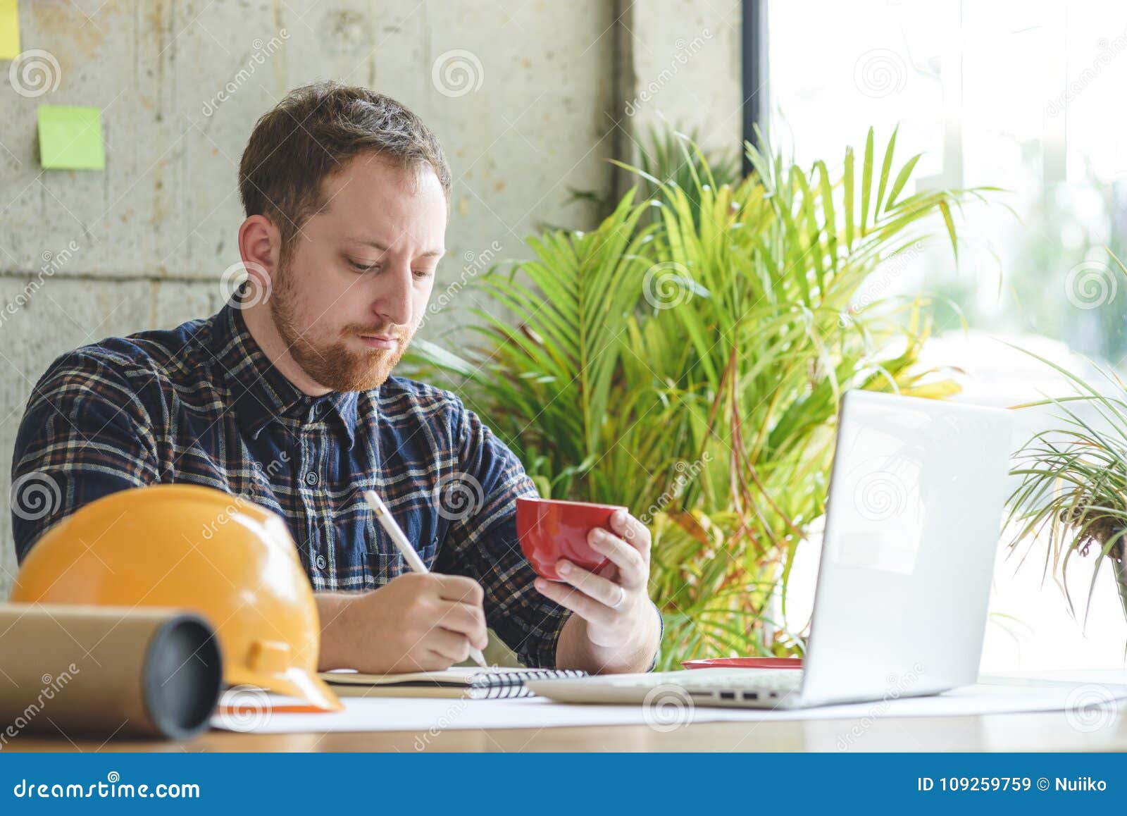 Engineer Working in Office and Drinking Coffee. Stock Image - Image of ...