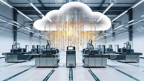 Smart Factory Floor Featuring Automated Machinery and Glowing Binary ...