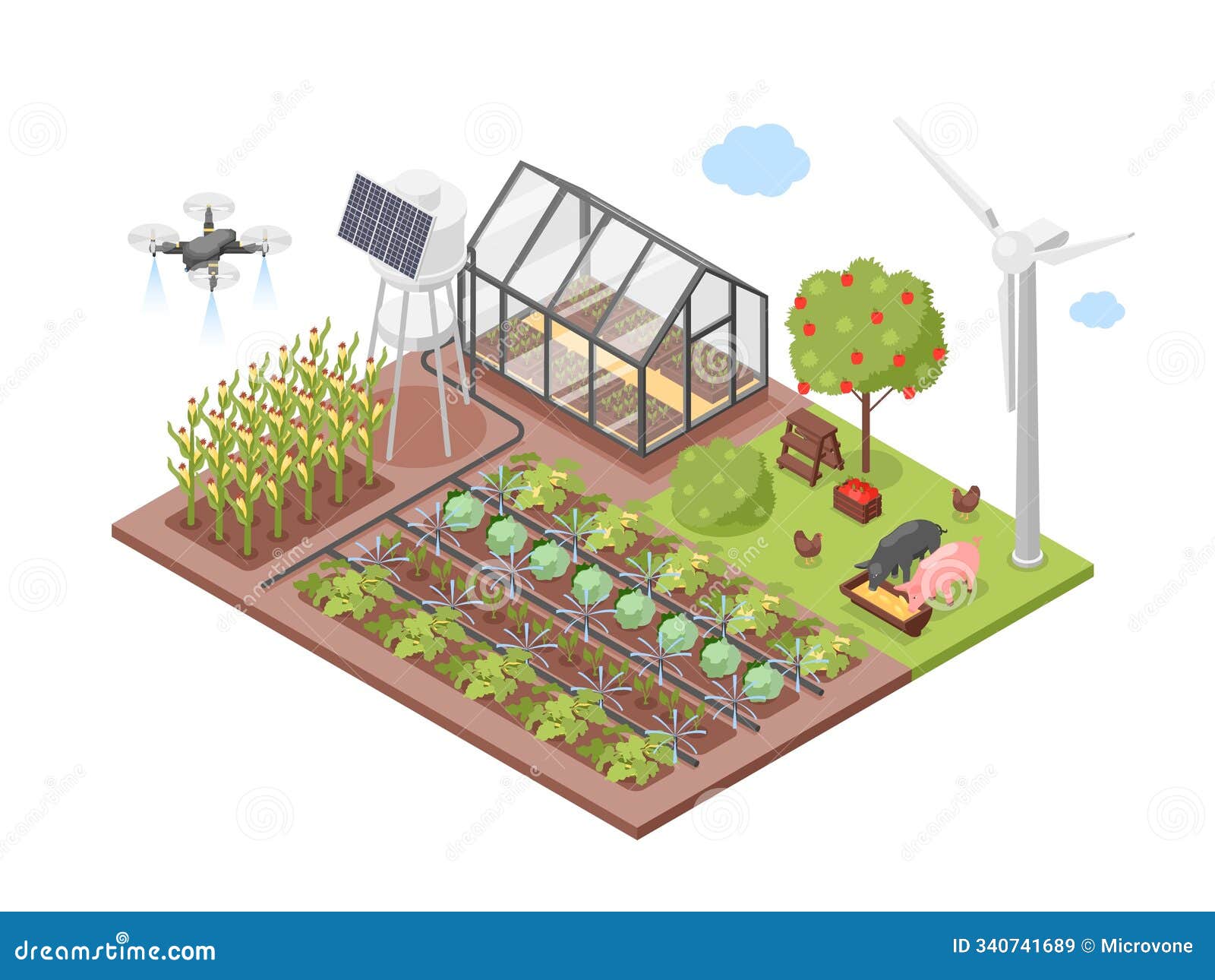 Smart Farm Isometric Scene. Agricultural Complex With Modern Solar ...