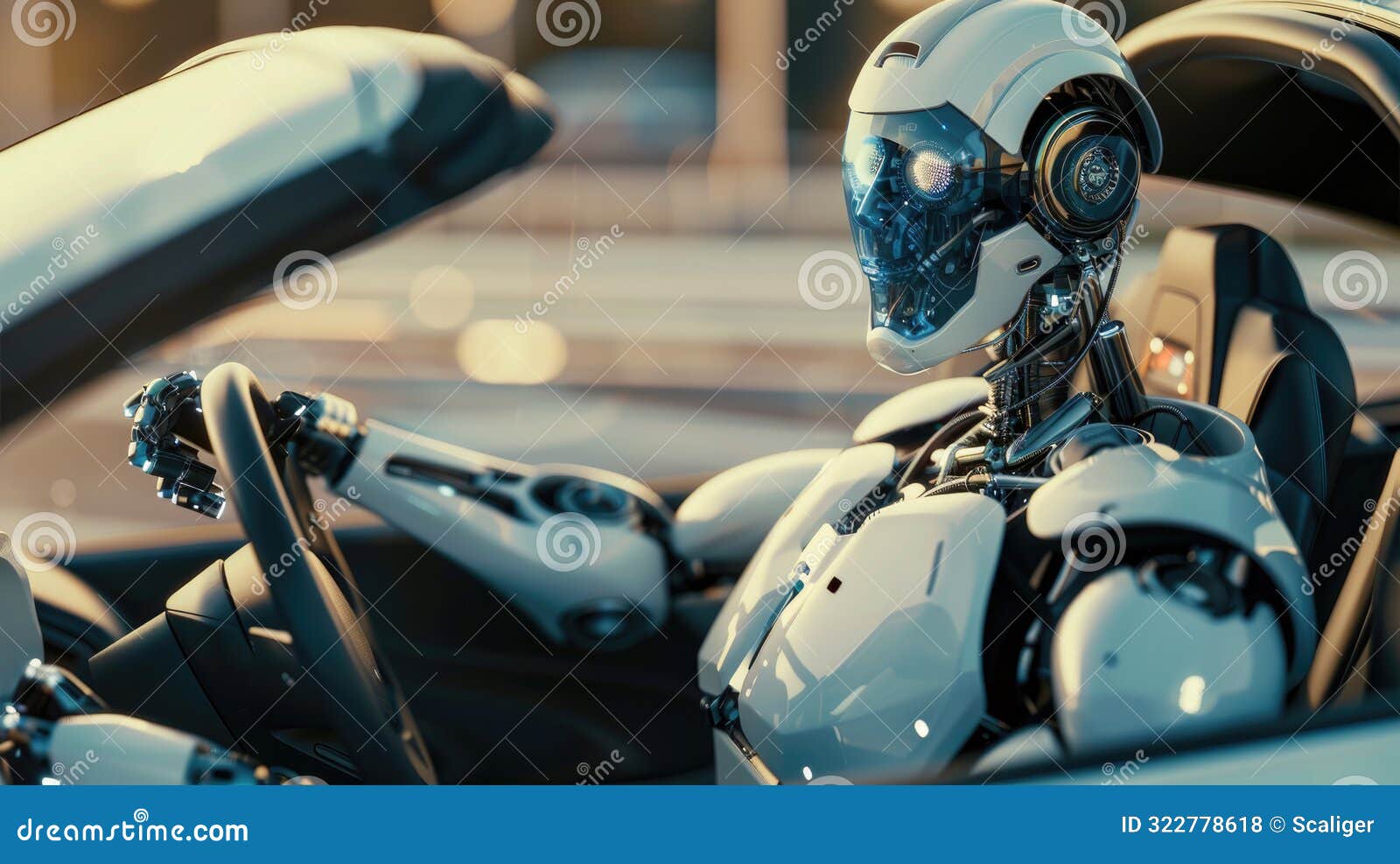 Smart Futuristic Humanoid Robot Drives Car in Future, White Android ...