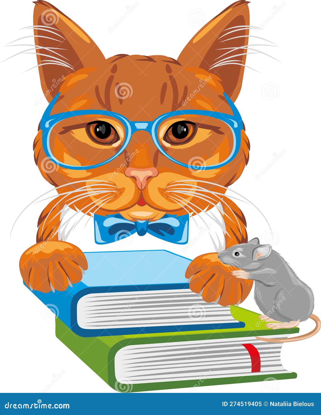 Smart Ginger Cat with Books and Funny Mouse Stock Vector - Illustration ...