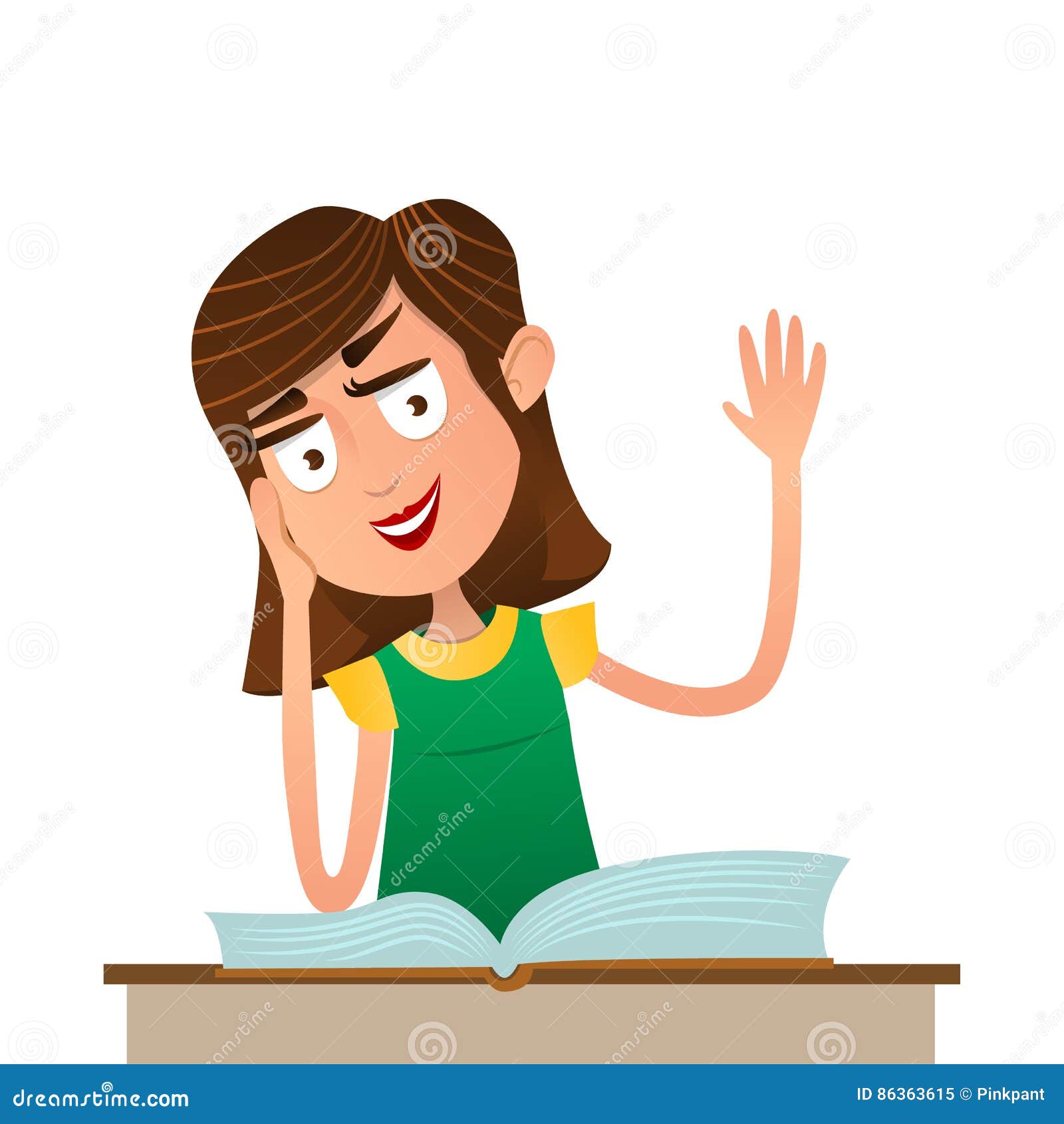 Smart Girl Sitting with an Open Book and Waving. Stock Vector ...