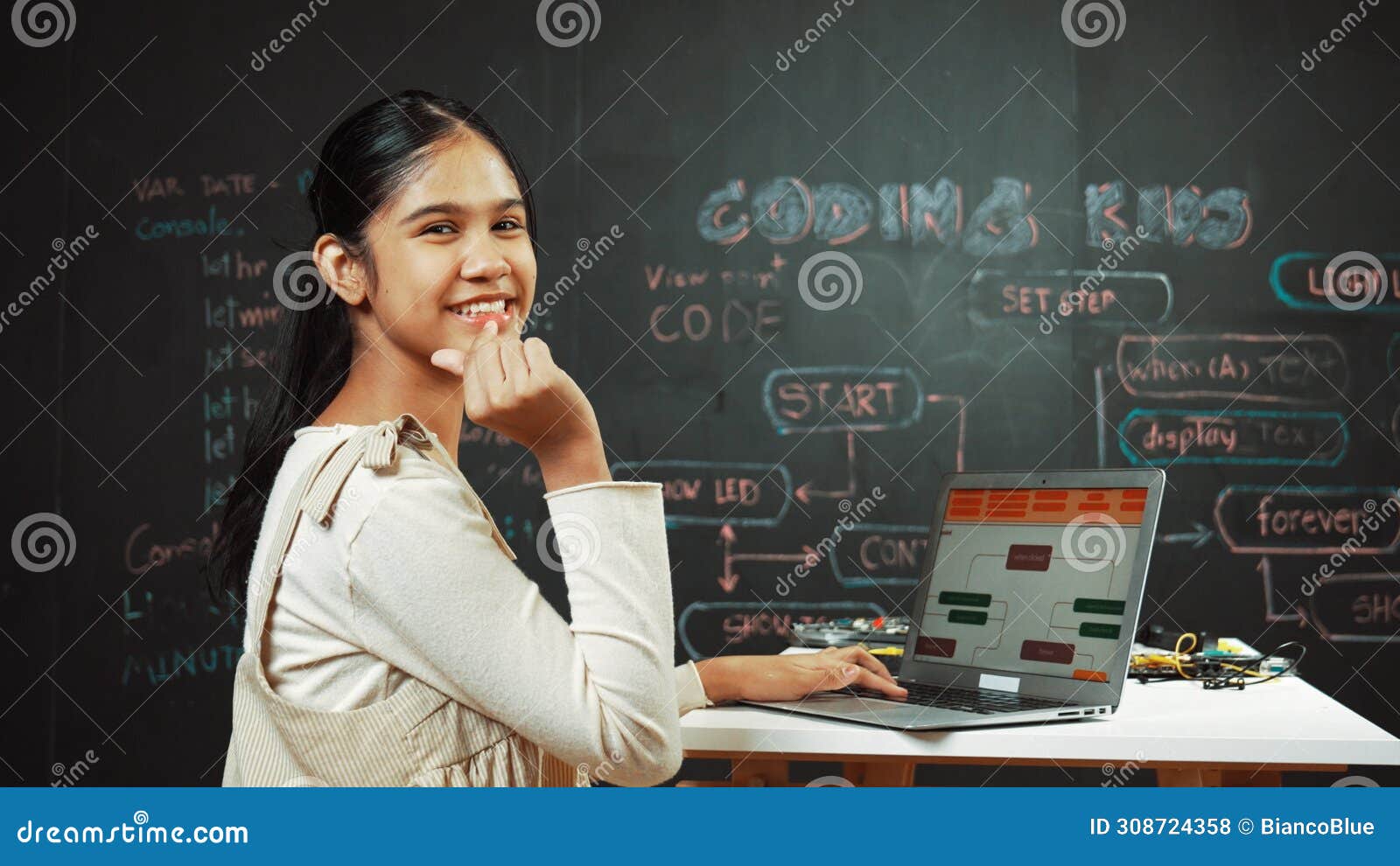 Smart Girl Using Laptop Coding or Programing System at Blackboard ...