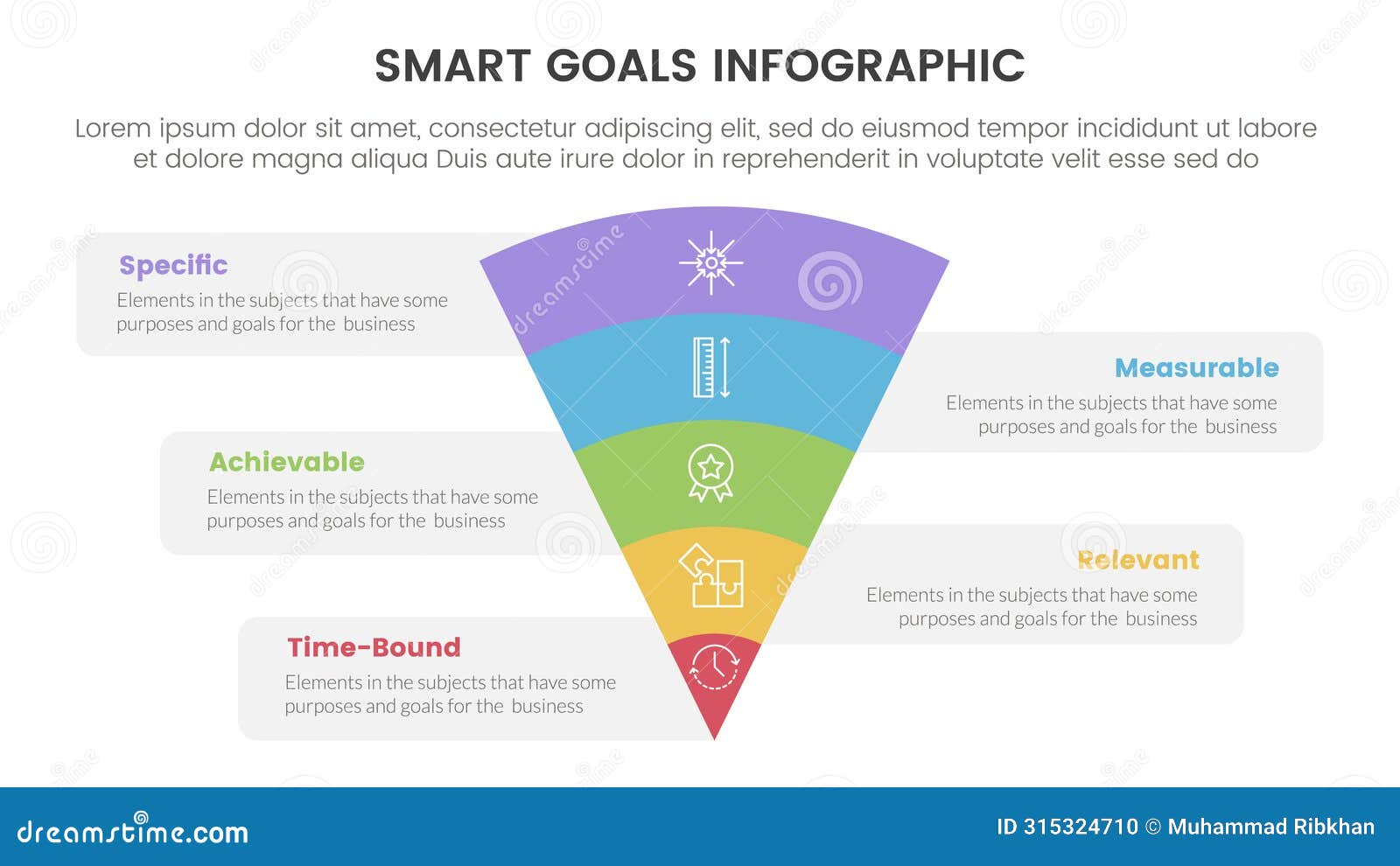 SMART Goals Setting Framework Infographic With Funnel Bending On Center ...