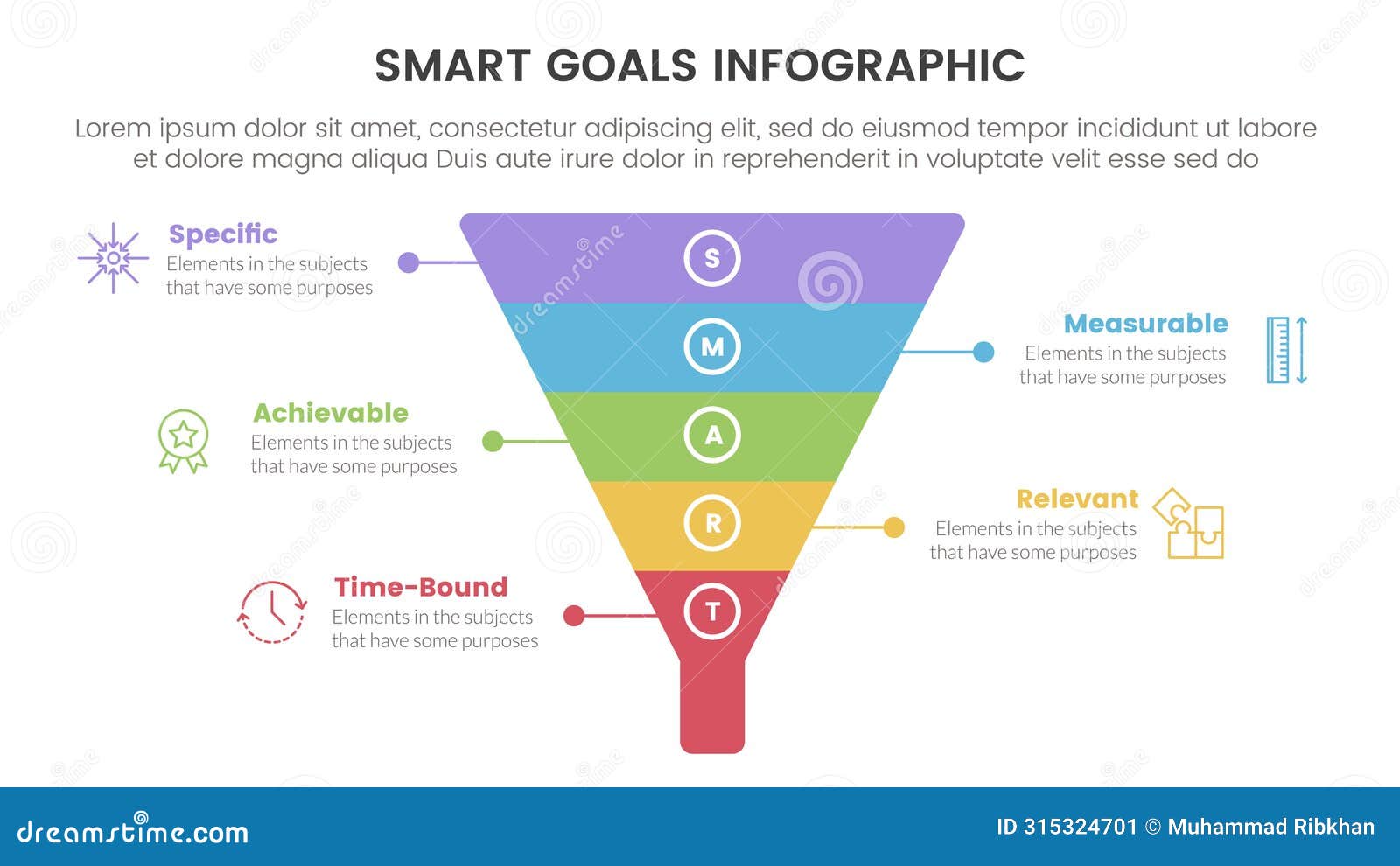 SMART Goals Setting Framework Infographic with Funnel Pyramid Shape ...