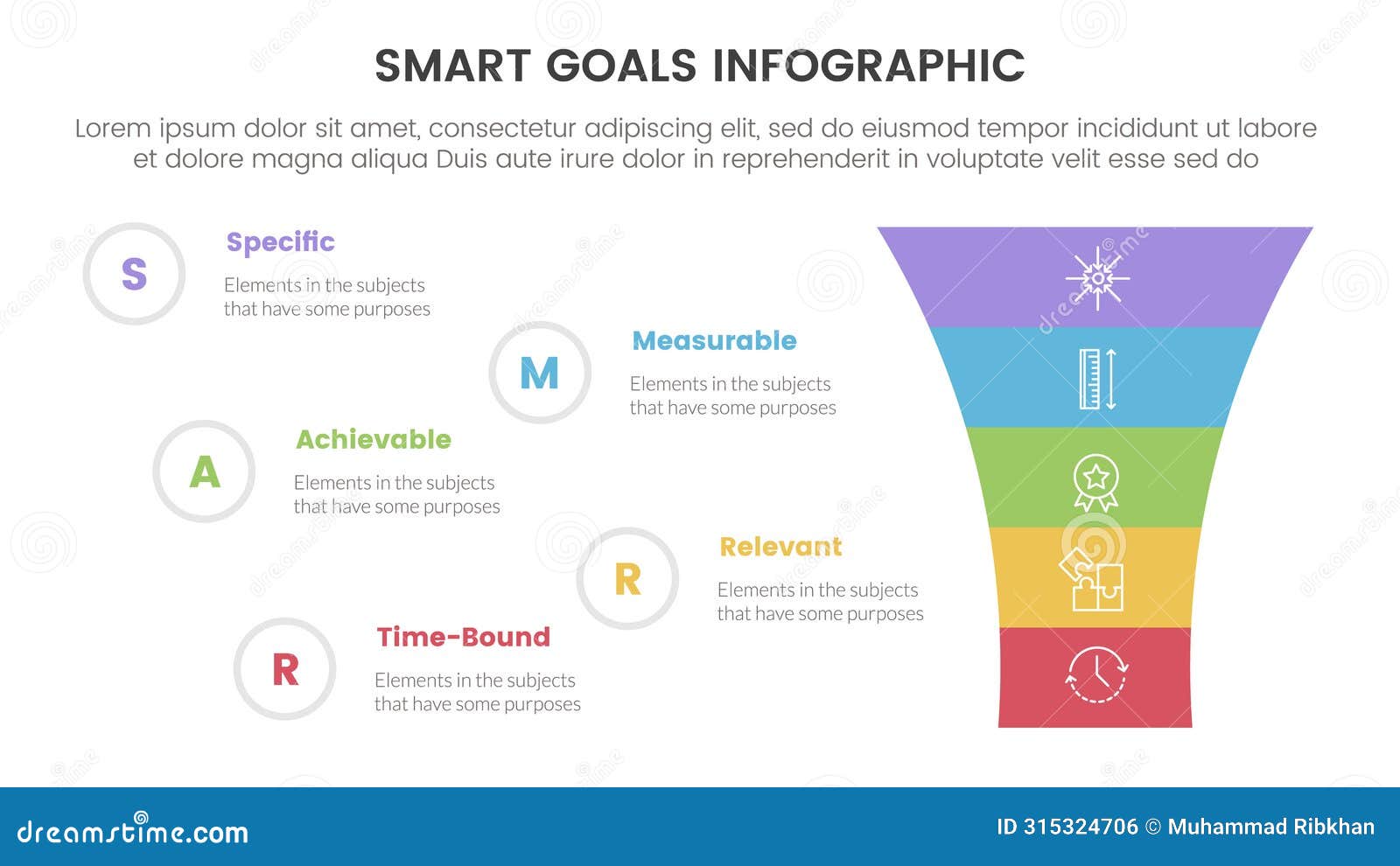 SMART Goals Setting Framework Infographic with Funnel Shrink V Shape ...