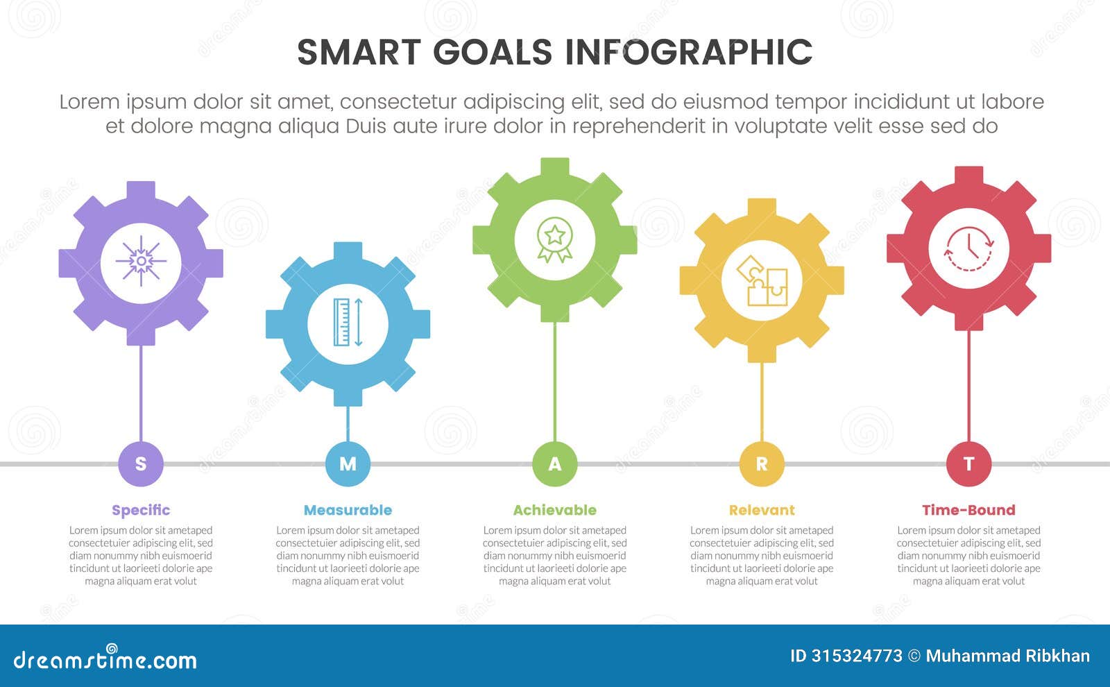 SMART Goals Setting Framework Infographic with Gear on Horizontal Line ...