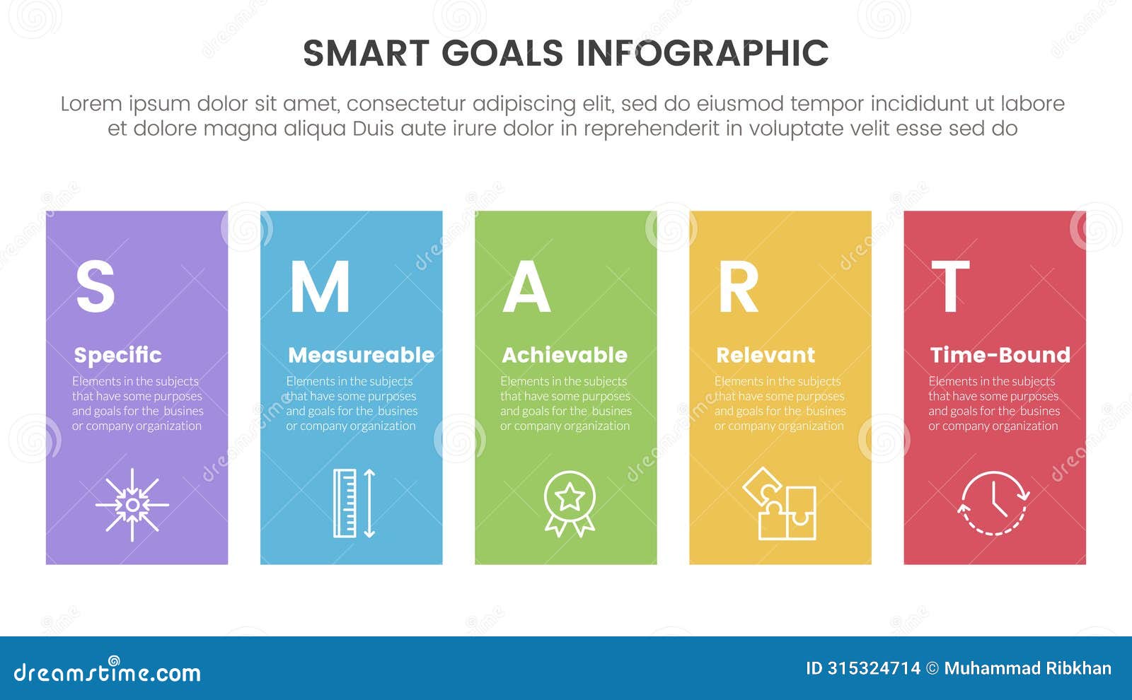 SMART Goals Setting Framework Infographic with Height Rectangle Shape ...