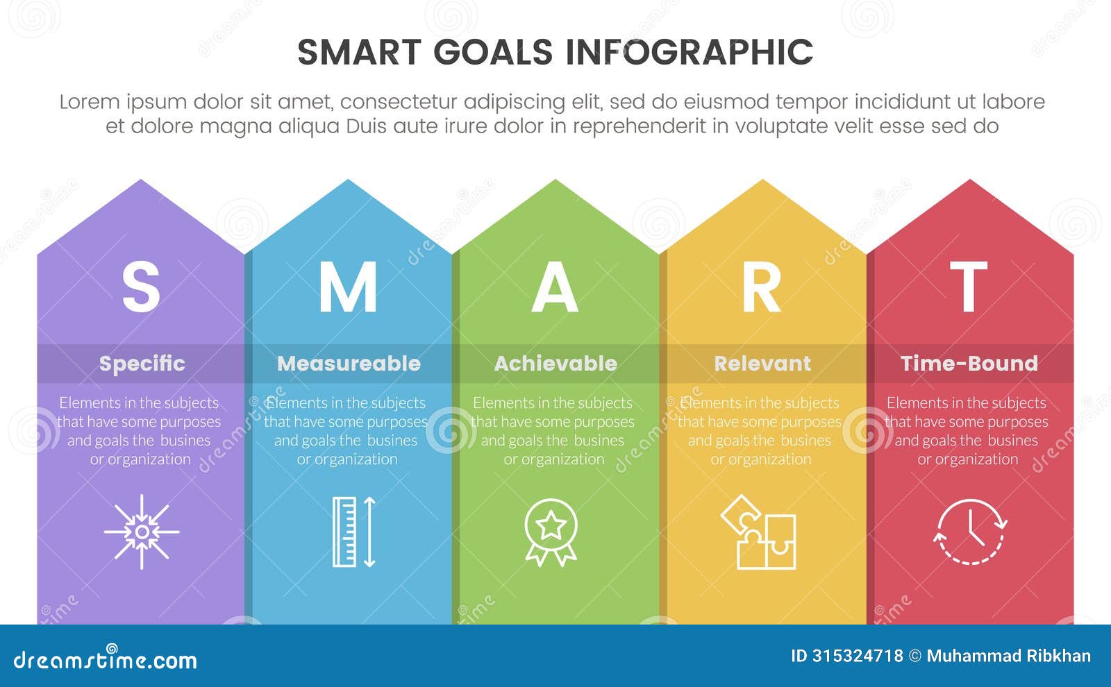 SMART Goals Setting Framework Infographic with Long Rectangle Top Arrow ...