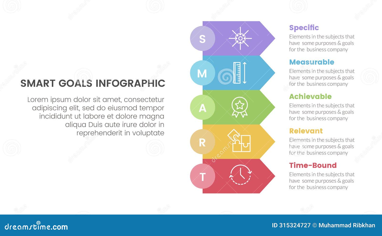 SMART Goals Setting Framework Infographic with Rectangle Arrow Stack ...
