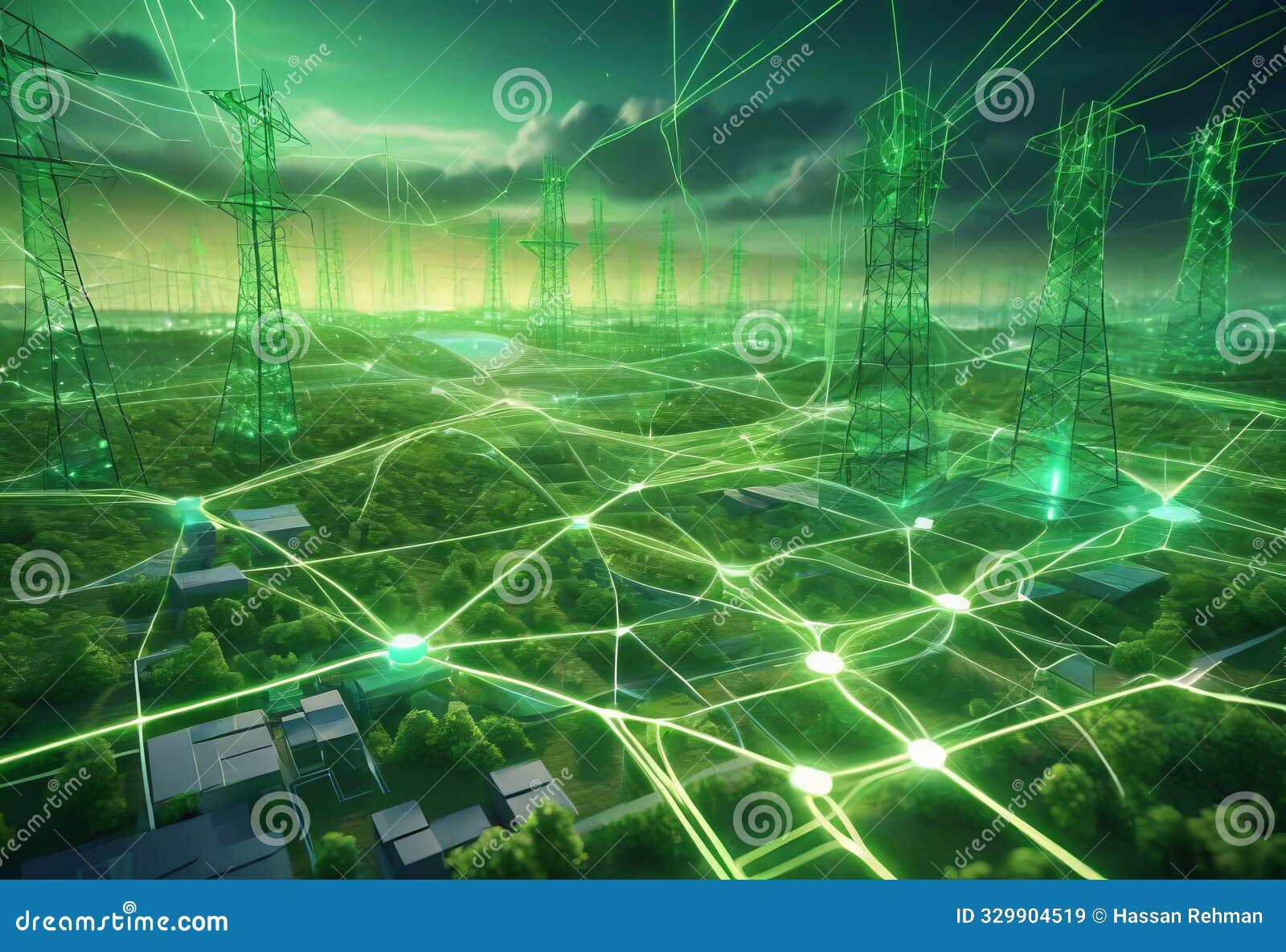 Smart Grid and Communication in a Green Stock Illustration ...