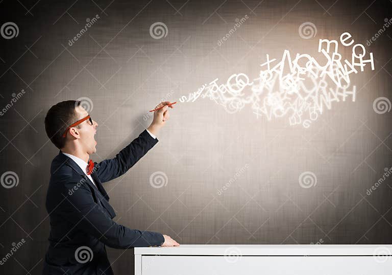 Smart guy draw on wall stock photo. Image of idea, caucasian - 64301388