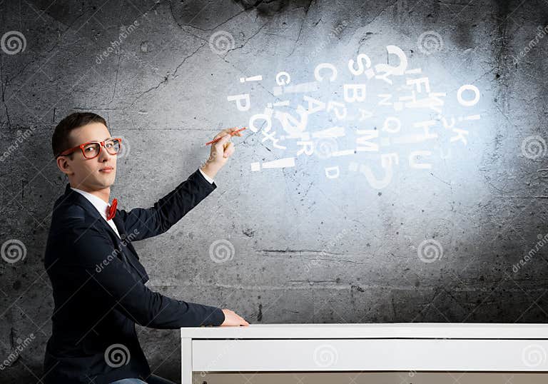 Smart guy draw on wall stock image. Image of male, scientist - 64931191