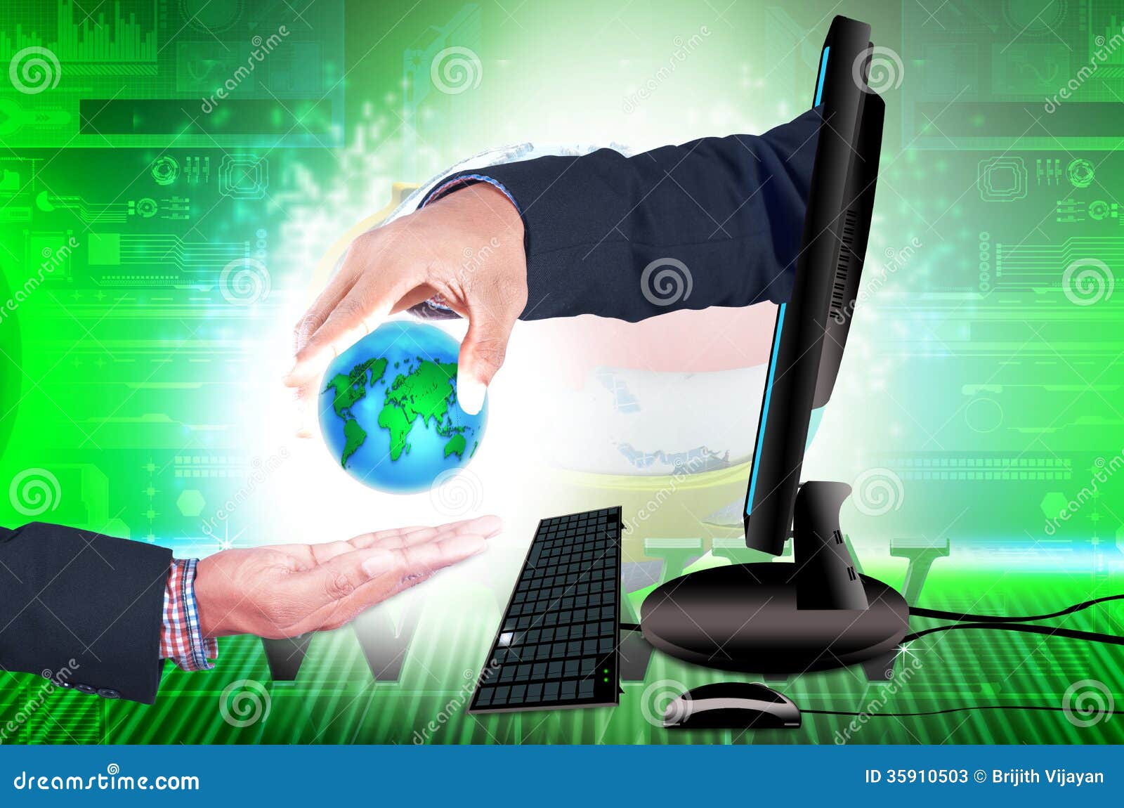 Smart Hand with Globe and Computer Stock Illustration - Illustration of ...