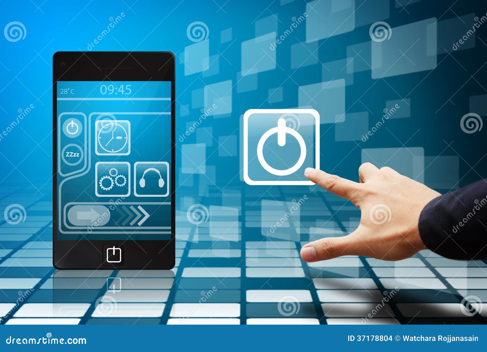 Smart Hand Touch on Power Button from Mobile Phone Stock Photo - Image ...