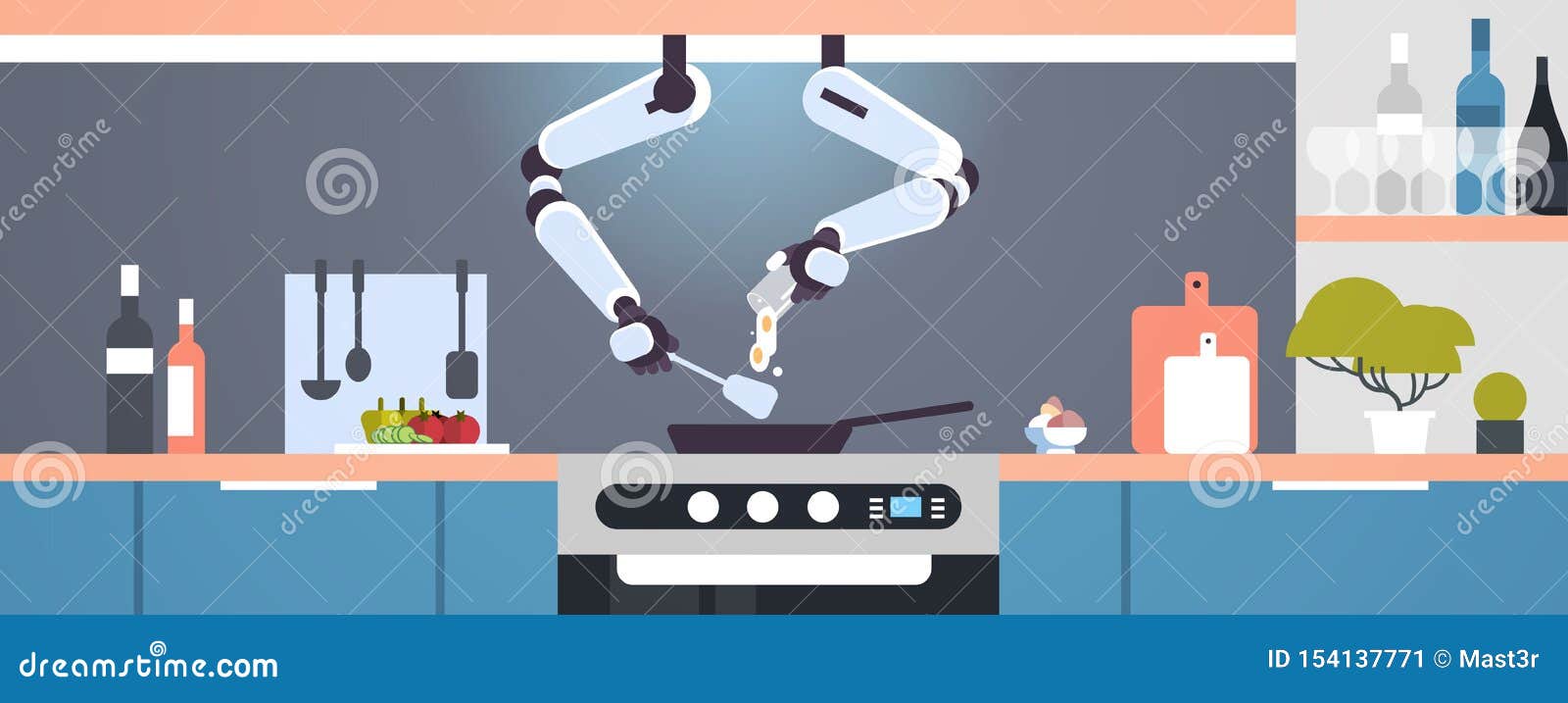 Smart Handy Chef Robot Preparing Fried Eggs in Frying Pan Robotic ...