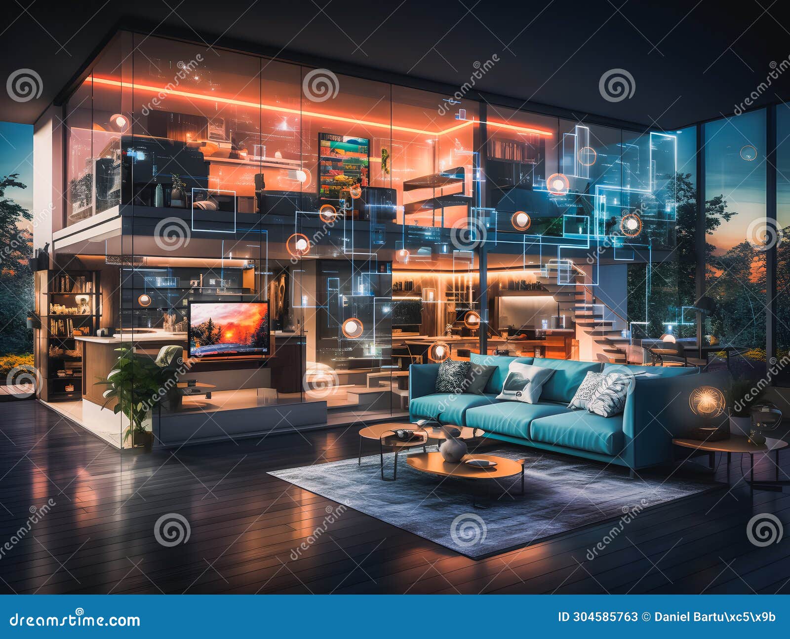 Smart Home Concept. Smart Home. Home Automation. Pop-up Apps on Walls ...