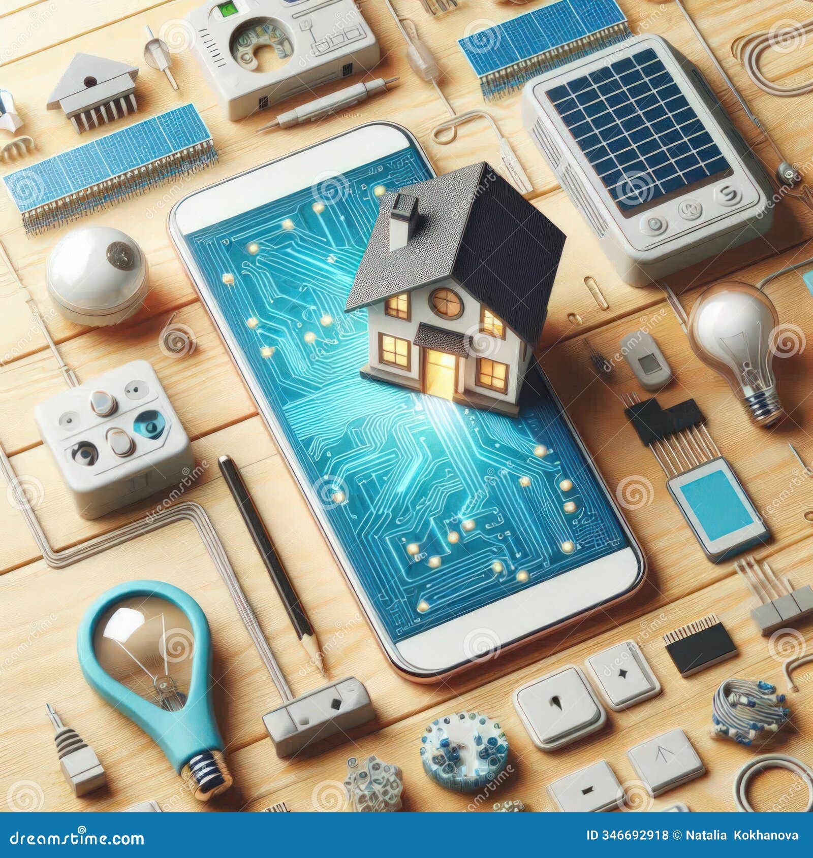 Smart Home Concept. Cell Phone, Chips and Bulbs Stock Illustration ...