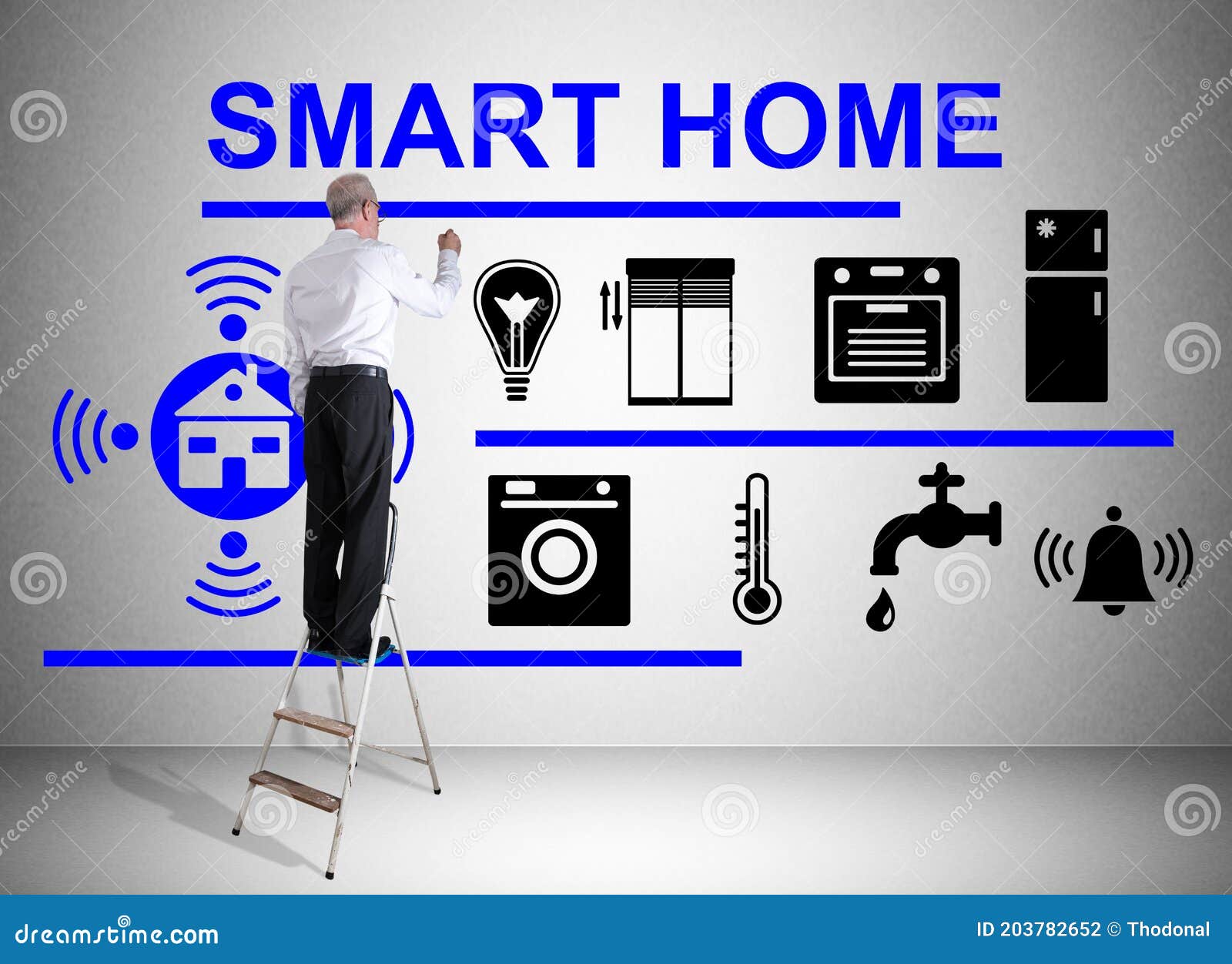 Smart Home Concept Drawn by a Man on a Ladder Stock Photo - Image of ...