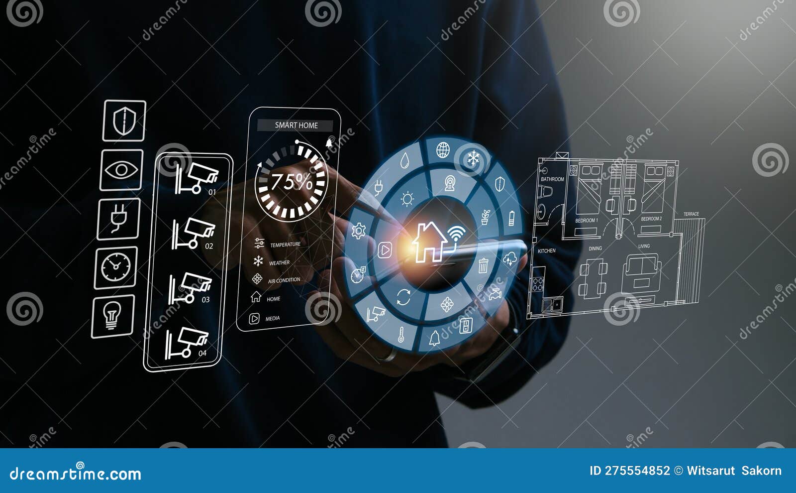 Smart Home Concept.Hand of Man Using Smart Home Control App on Mobile ...