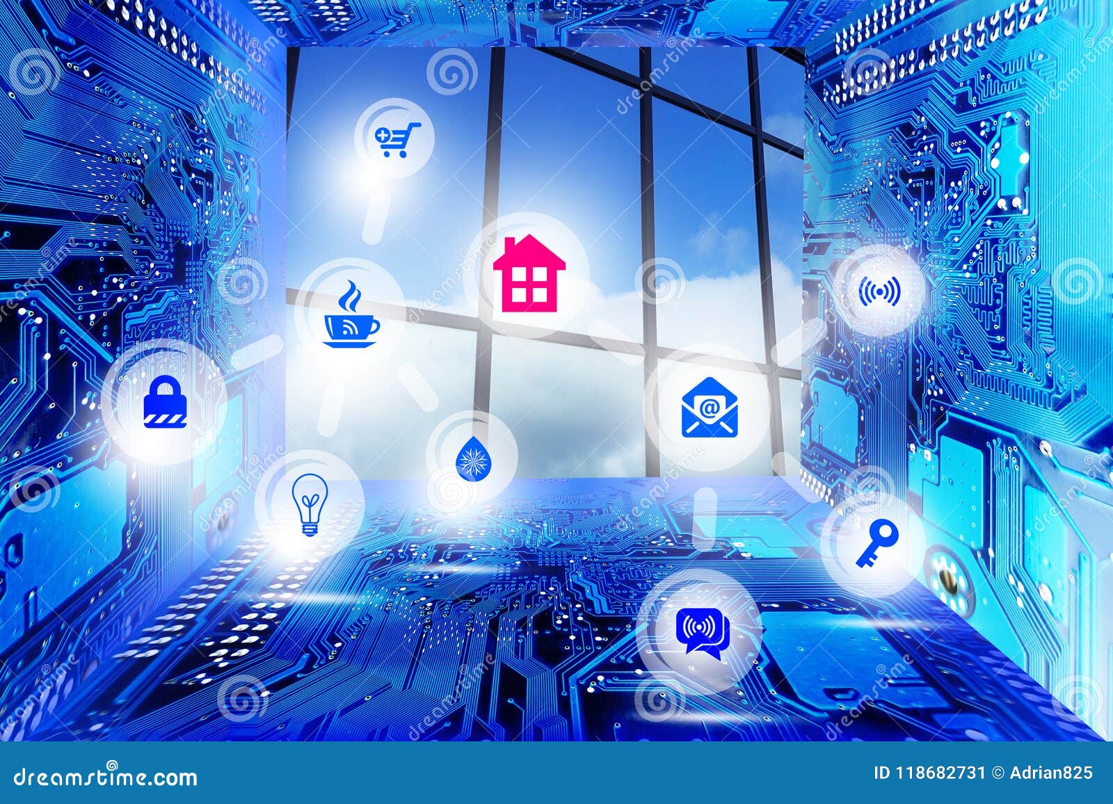 Smart Home Concept, with Specific Icons and Abstract Blue Background ...