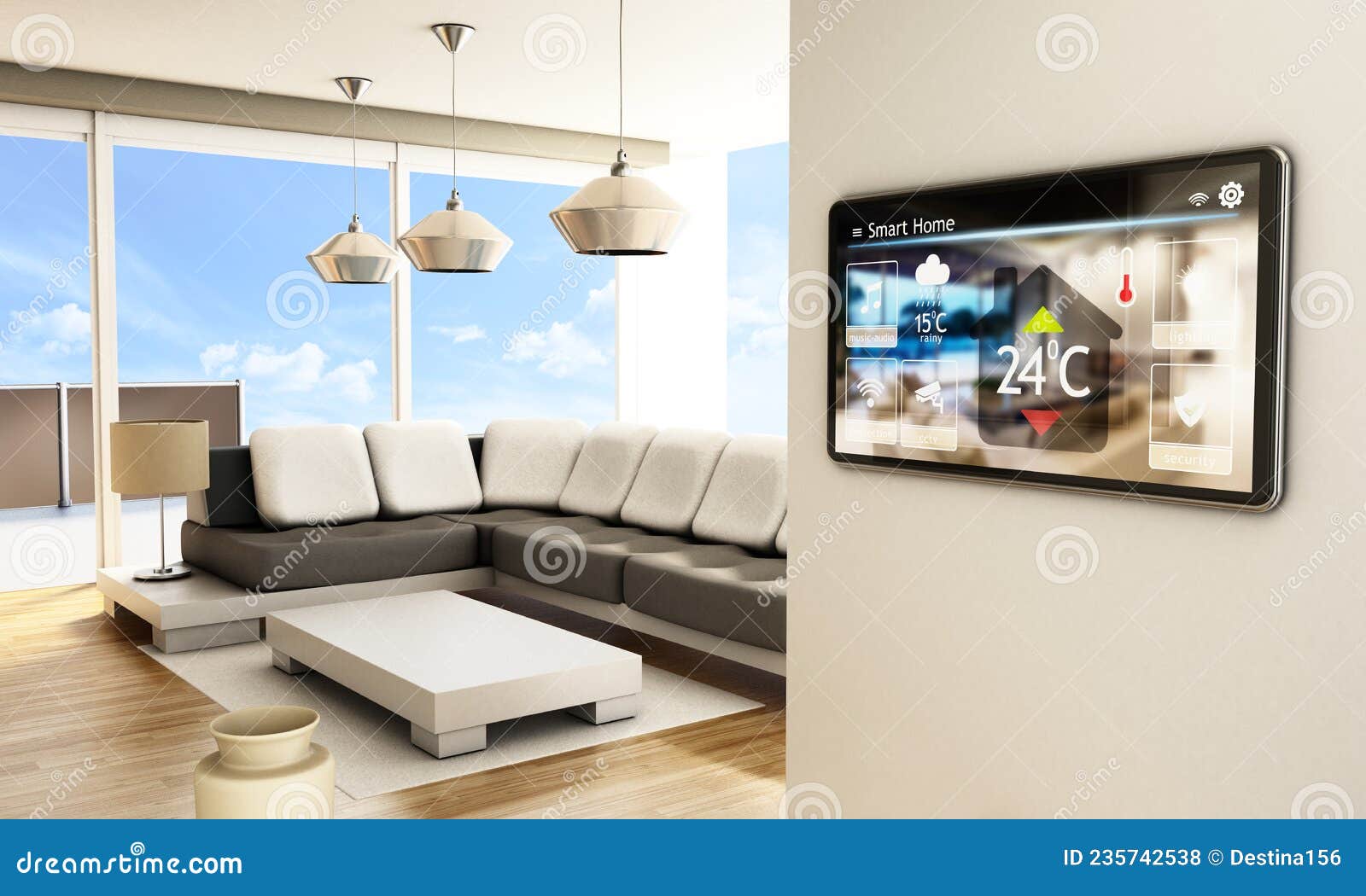 Smart Home Concept. Tablet with Smart Home Controls on the Wall of the ...