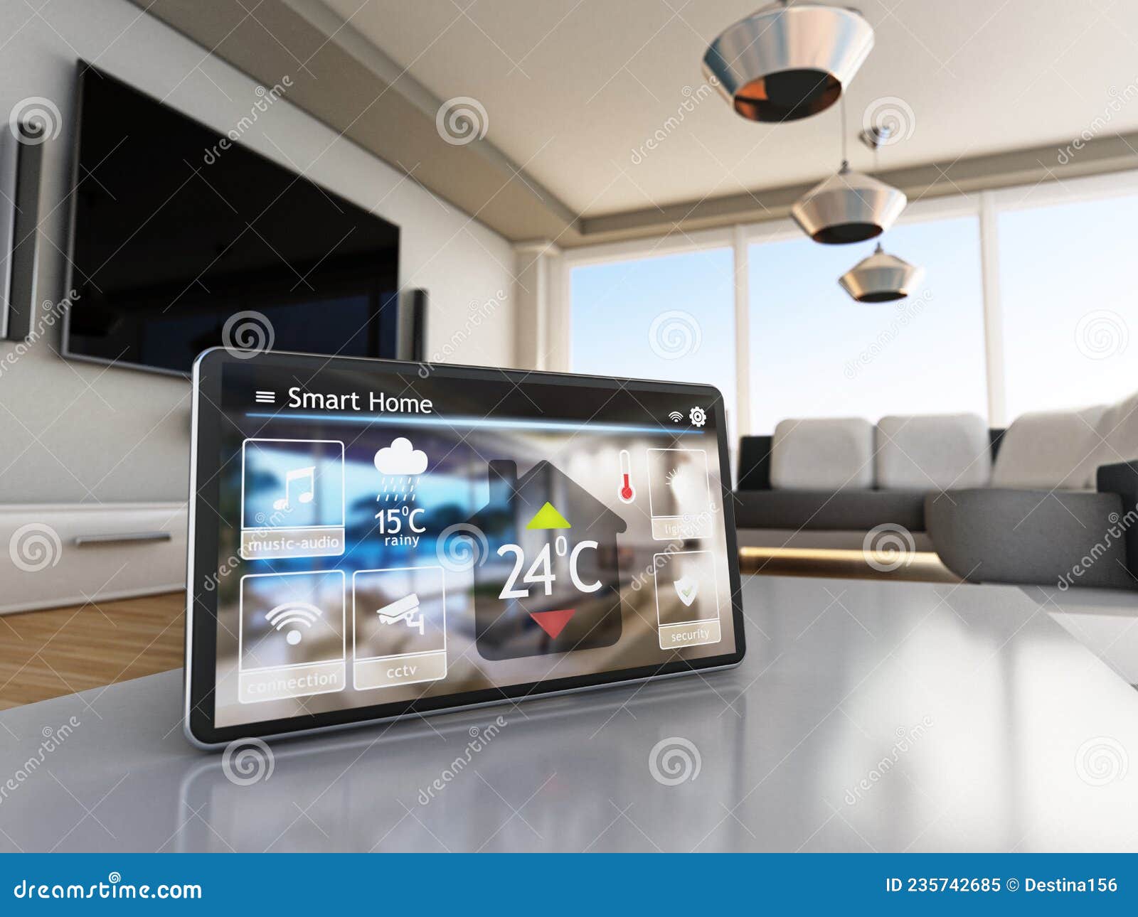 Smart Home Concept. Tablet with Smart Home Controls on the Wall of the ...