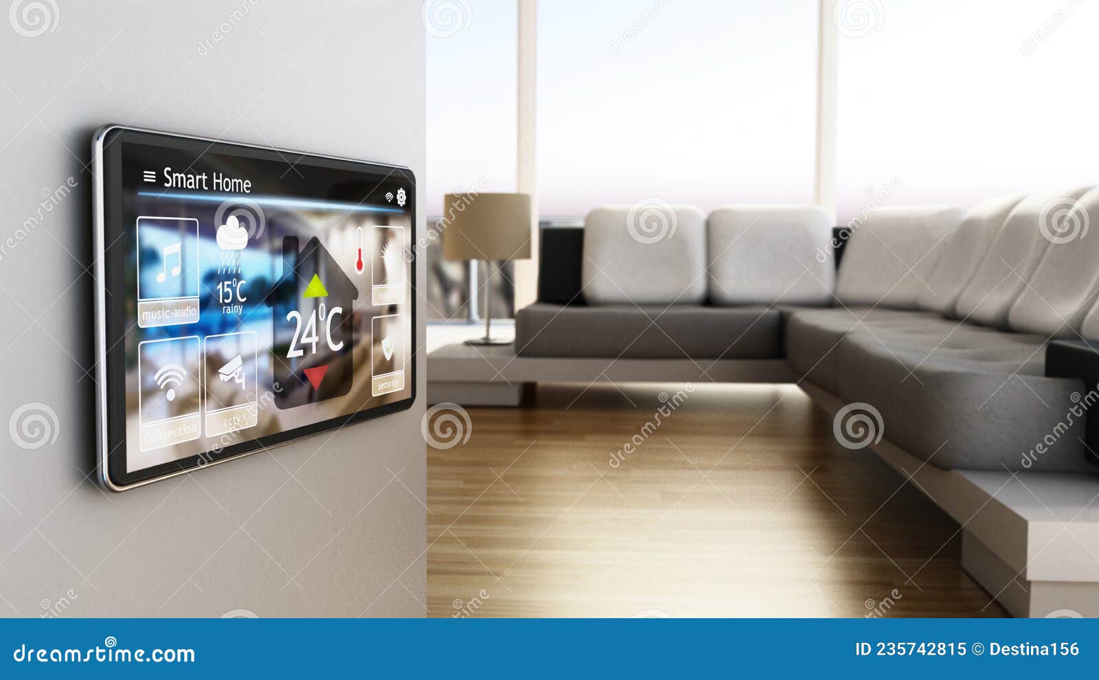 Smart Home Concept. Tablet with Smart Home Controls on the Wall of the ...