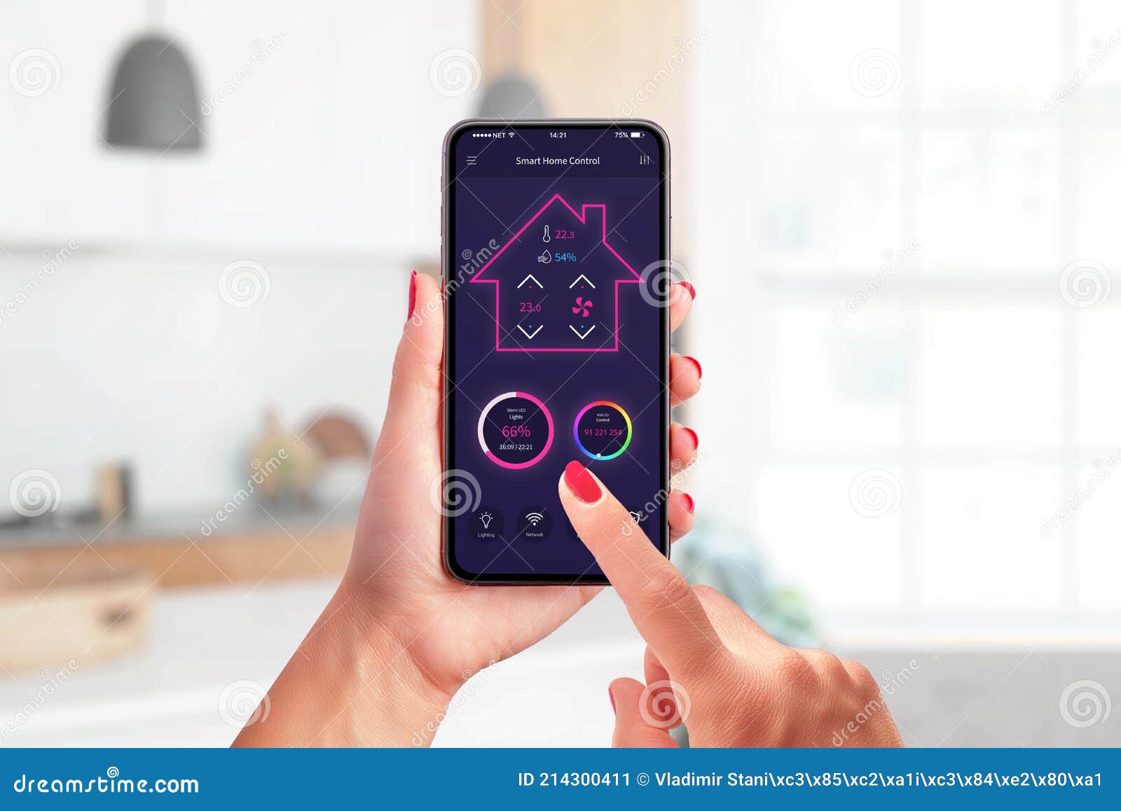 Smart Home Control App Concept on Modern Phone in Woman Hands Stock ...