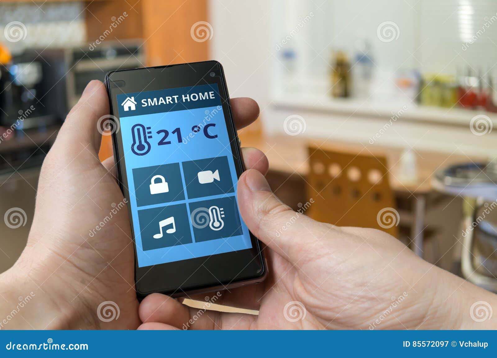 Smart Home Control Concept. Man is Adjusting Temperature with ...