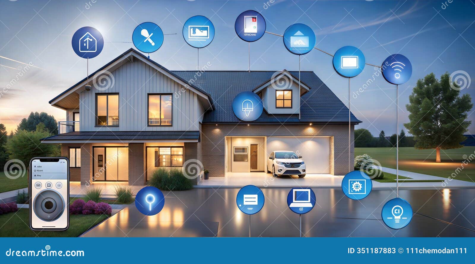 Smart Home Control Icons Surrounding Cottage in System Diagram Stock ...