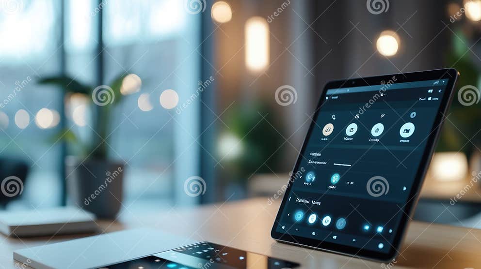 Smart Home Control on Tablet Screen in Modern Living Room Stock ...