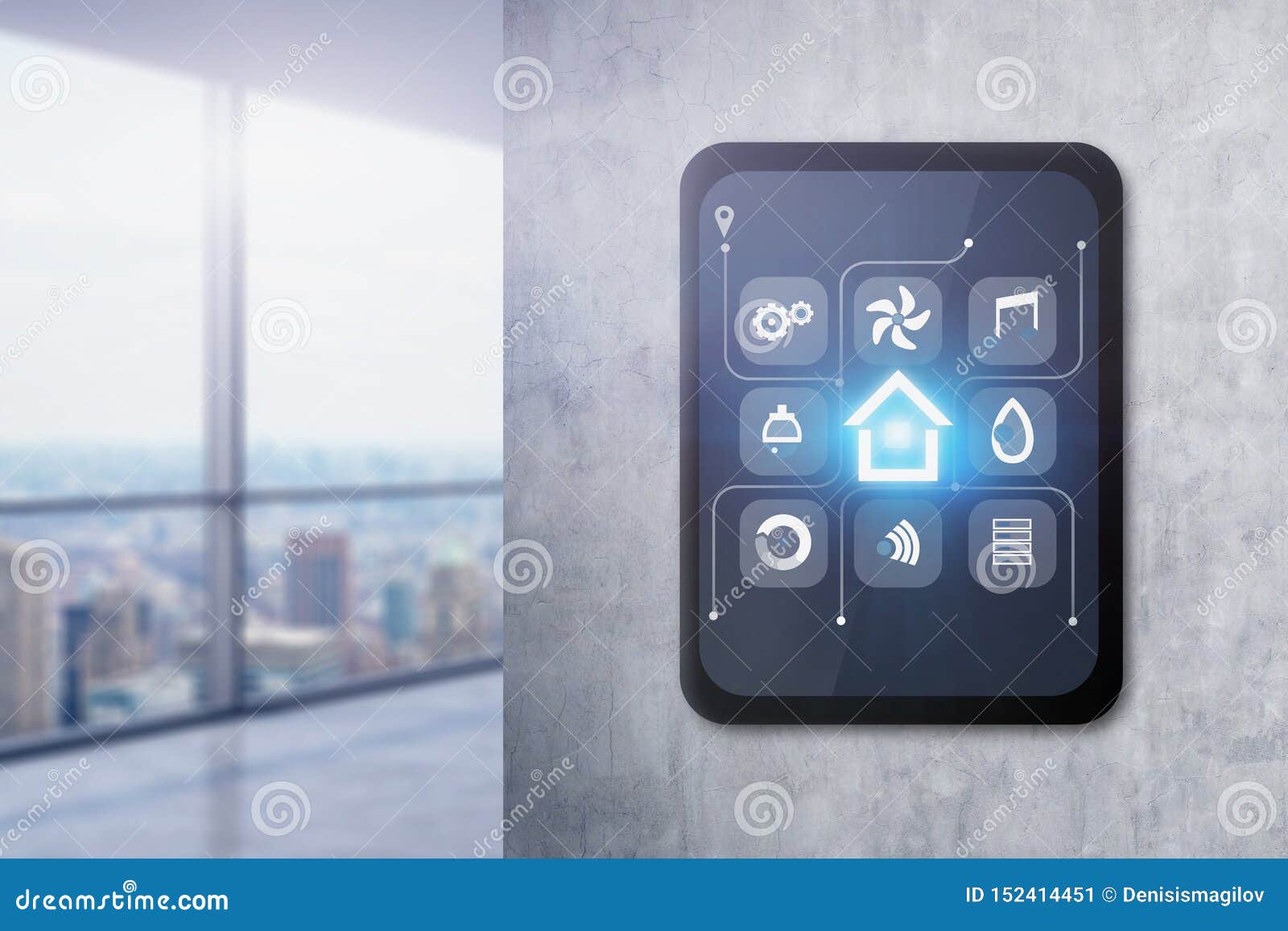 Smart Home Icons on Tablet in Empty Room Stock Image - Image of concept ...